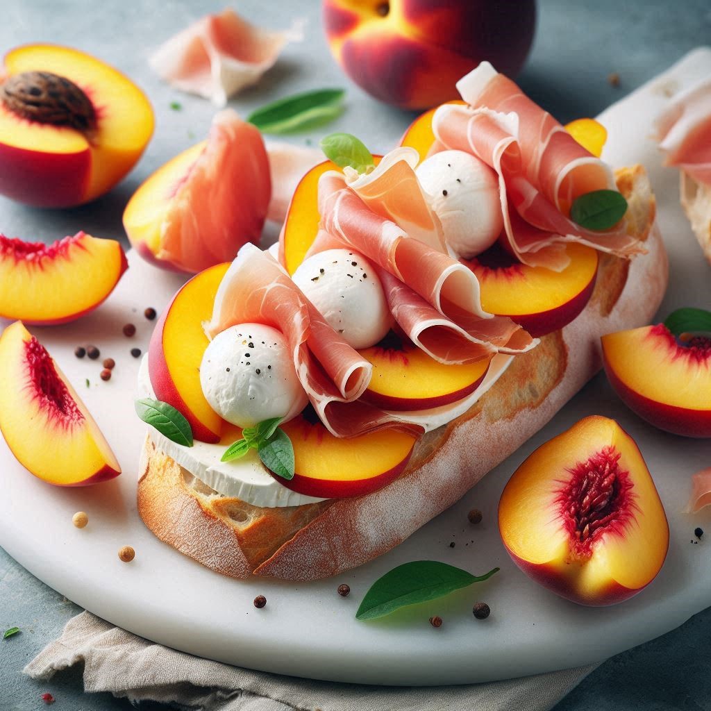 Tartines de mozzarella, pêche et jambon cru pour 4 - Le Jardin d'Ethan